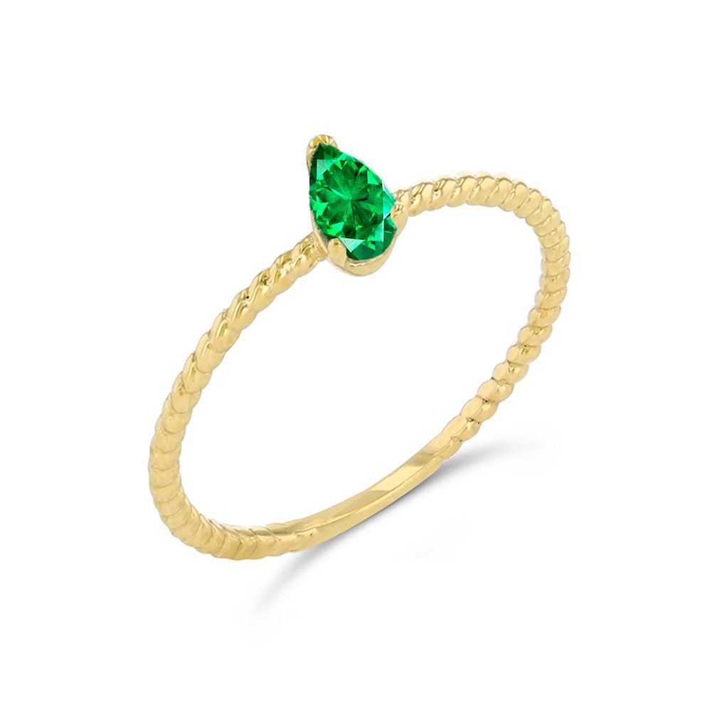 Dainty 10k Yellow Gold Solitaire Emerald Pear-Shaped Modern Engagement Rope Ring (Size 5)