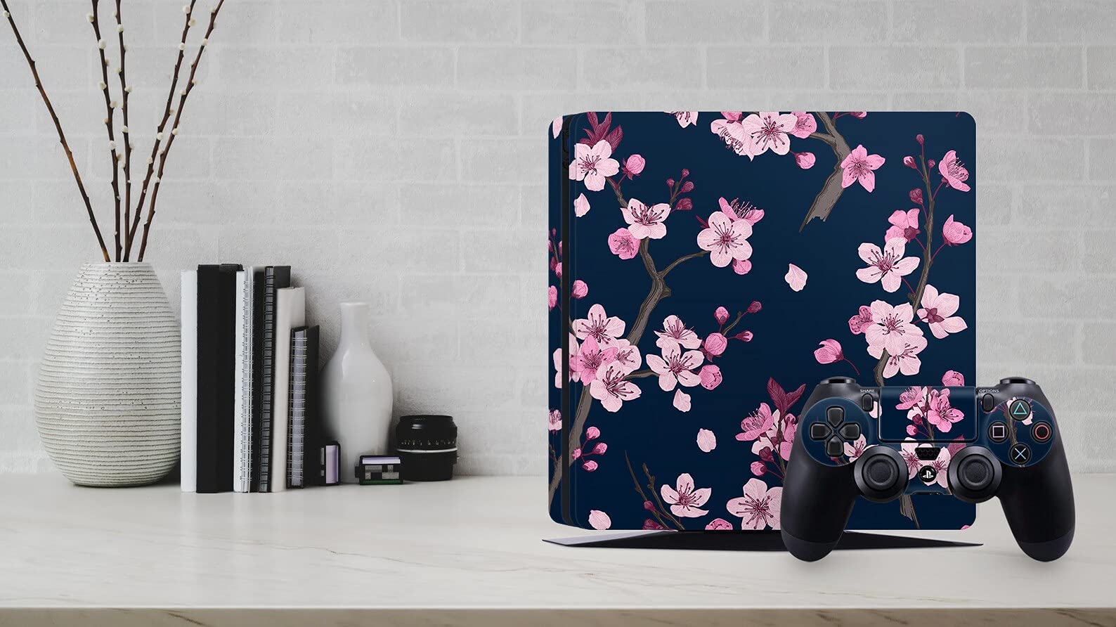 ZOOMHITSKINS Compatible with PS4 Slim Skin, Japan Flowers Pink Sakura Cherry Blossom, Durable & Fit, 3M Vinyl, Made in The USA