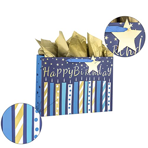 MAYPLUSS 16" Birthday Large Gift Bag with Greeting Card and Tissue Paper for Birhtday - Blue Gold Foil Candle Design