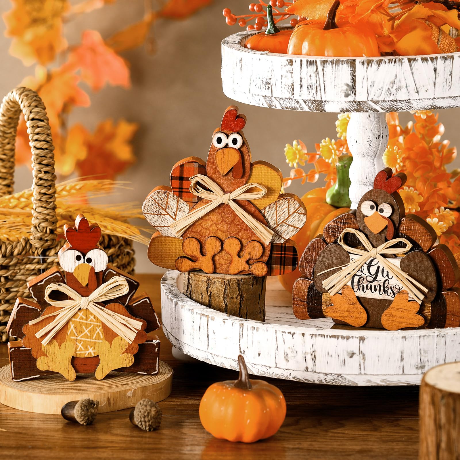 Ferraycle 3 Pcs Thanksgiving Turkey Decor Fall Decor Autumn Farmhouse Sign Rustic Tiered Tray Decorations Table Centerpieces Standing Wooden Block Sign for Halloween Home Kitchen