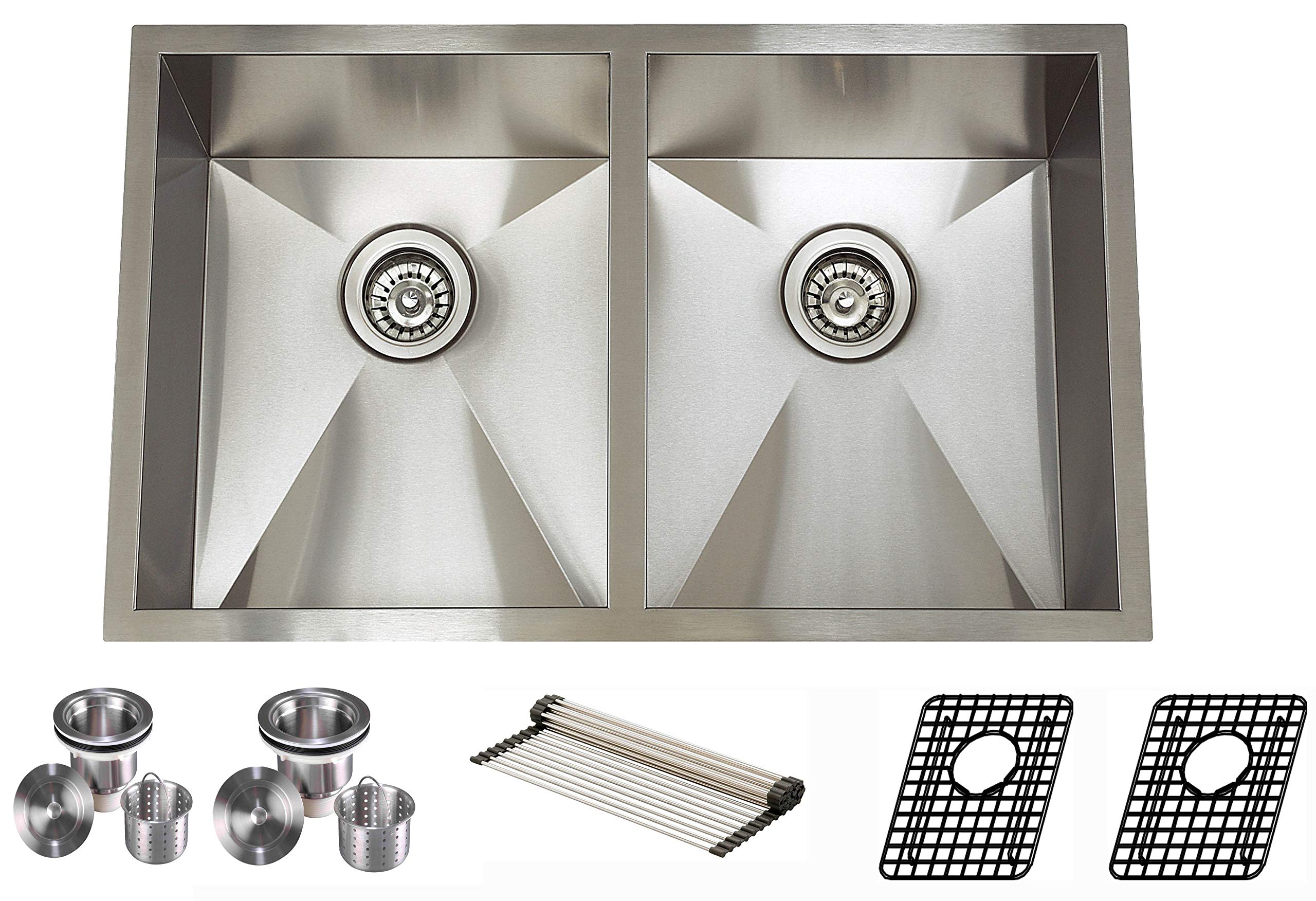 KABCO 32 Inch 16 Gauge Extra Thick Undermount Zero Radius Double Bowl Handmade Kitchen Sink with Stainless Steel Sink Strainers Bottom Sink Grids and a Rolling Grid Combo Package