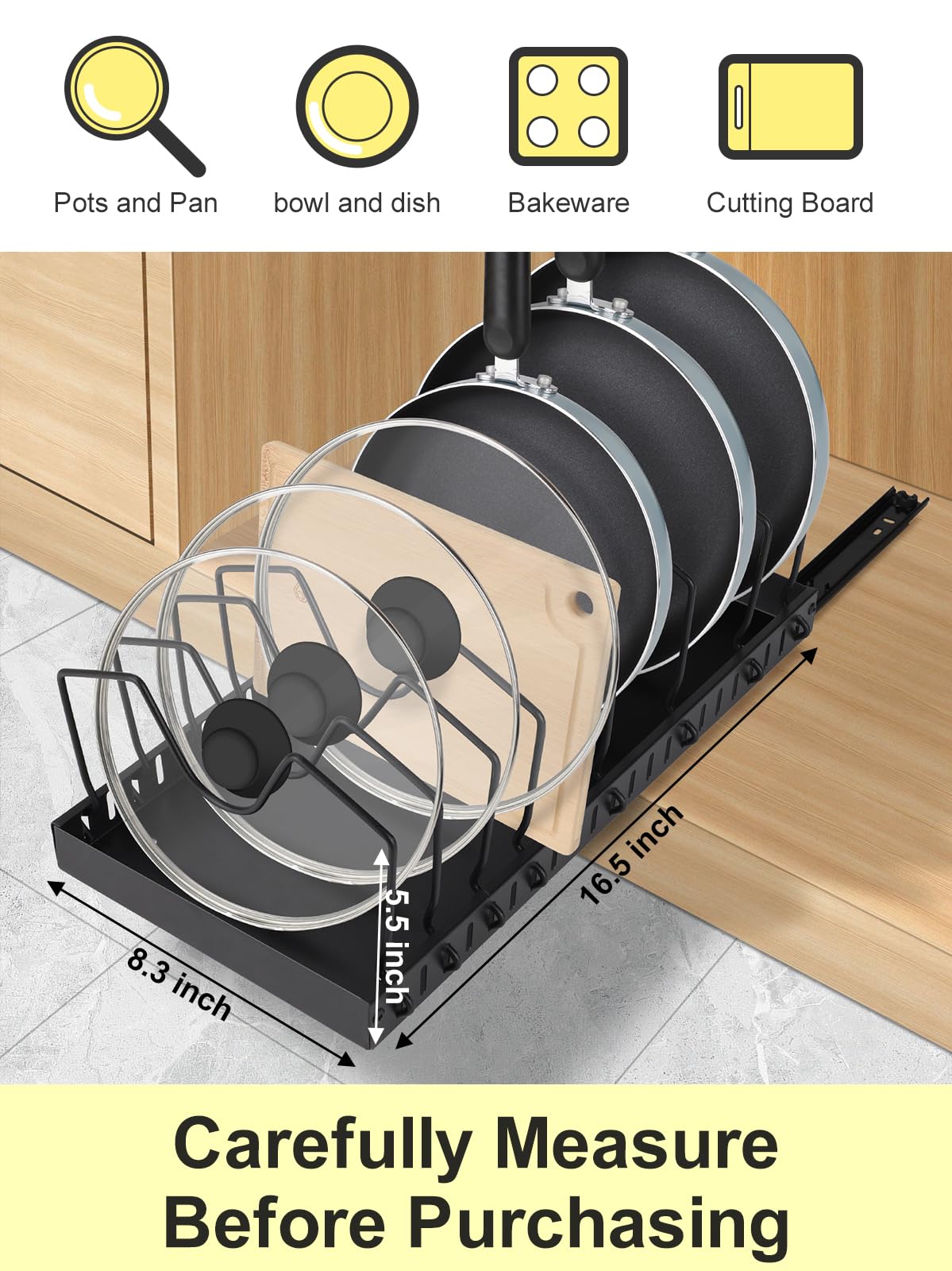 HOTEC Pull Out Pots and Pans Organizer for Kitchen Cabinets β Versatile Under-Cabinet or In-Cabinet Pot Lid and Pan Rack with 8 Adjustable Dividers, Adhesive Nano Strip/Screw Installation