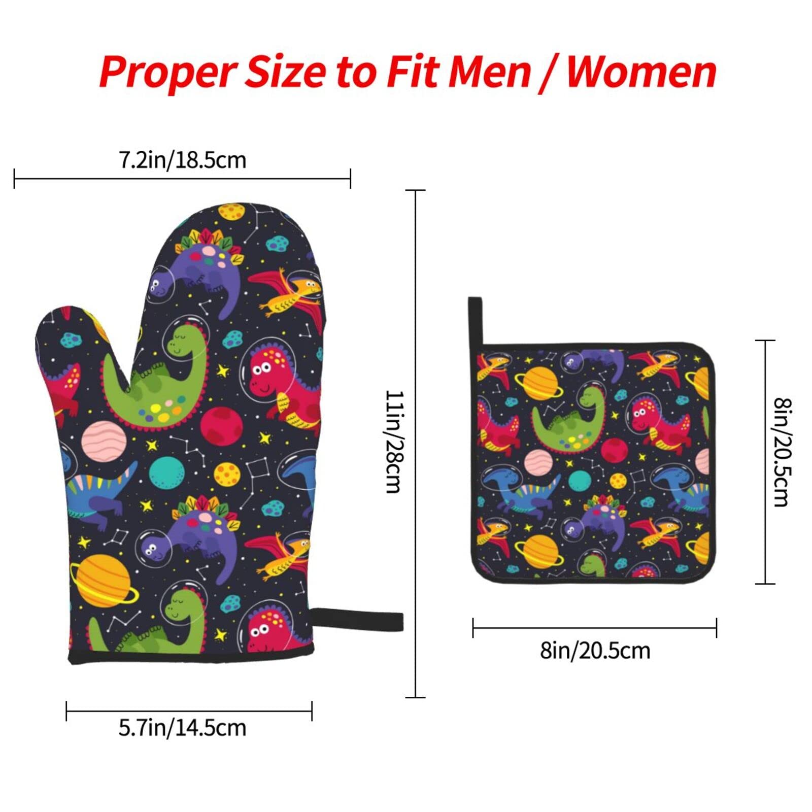 Cute Dinosaur in Space Oven Mitts and Pot Holders Heat Resistant Anti Scald for Kitchen Cooking Baking Grilling Sets of 3