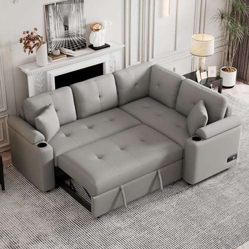 FANYE L-Shape Plush Tufted Upholstered Sleeper Sectional Sofa Convertible Sleep Sofabed W/Pull Out Couch Bed,Cupholders,USB Charging Ports and Power Sockets for Living Room