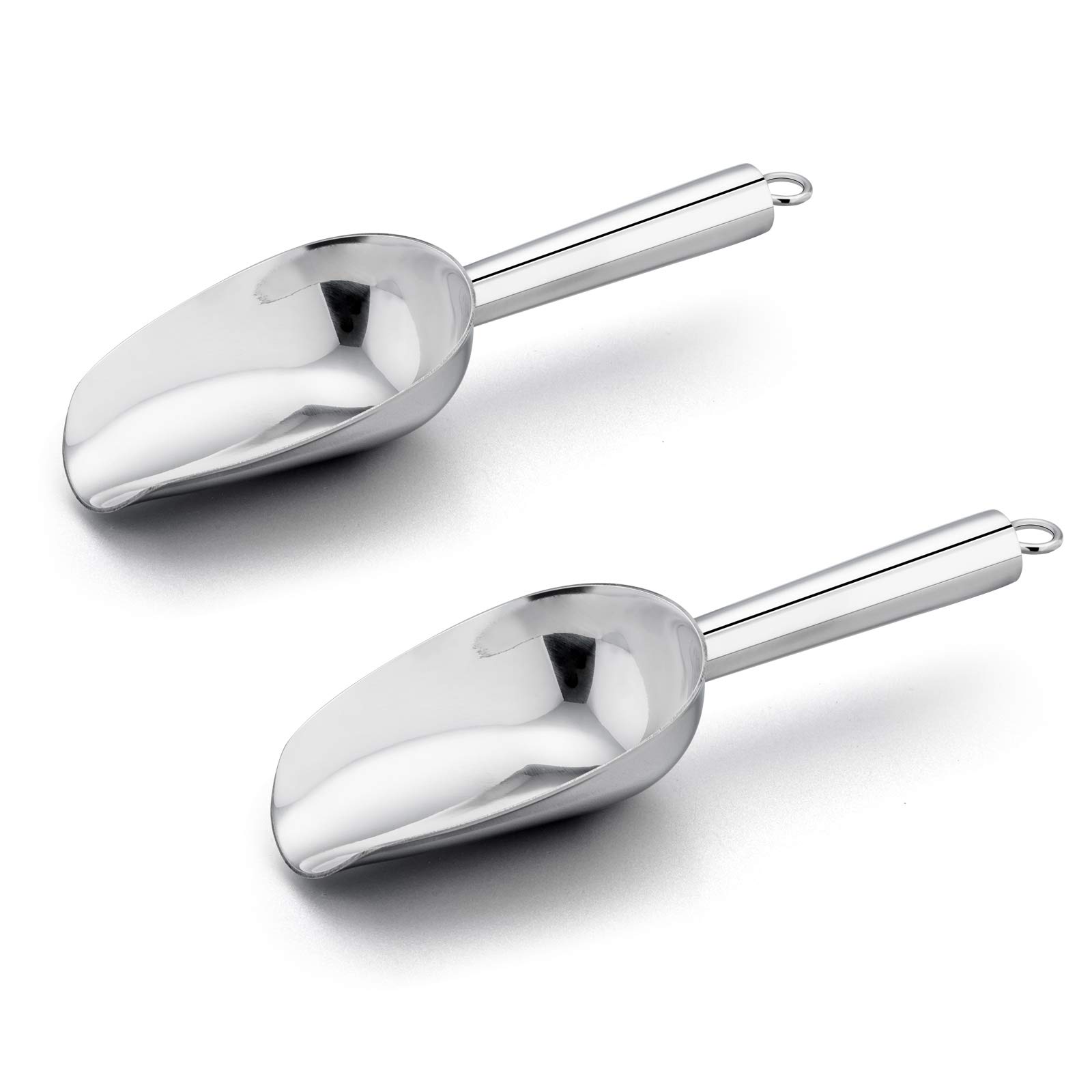 E-far 6 Ounce Ice Scoop Set of 2, Small Stainless Steel Scoops for Ice Cube/Candy/Flour/Sugar, Metal Utility Scoops for Canisters, Baking, Kitchen Pantry, Rust Free & Dishwasher Safe
