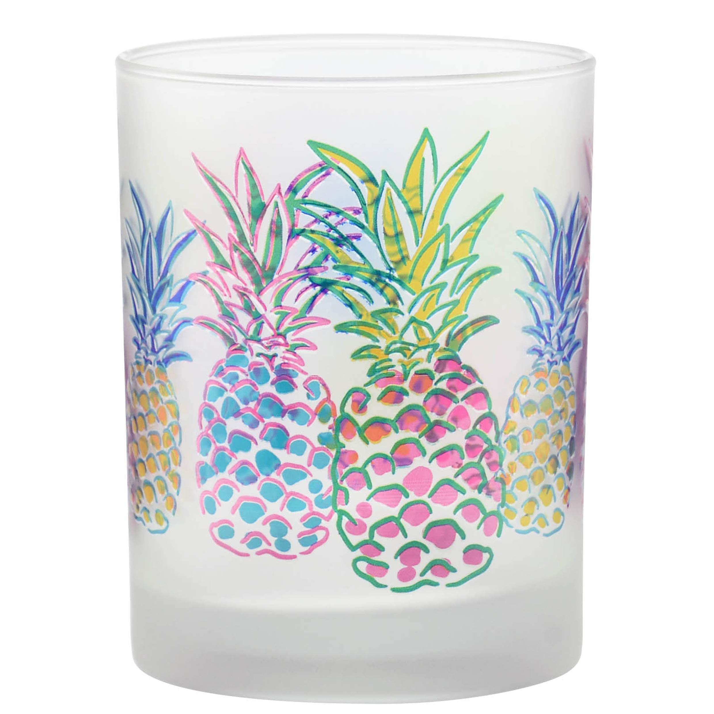 Culver Tropical Decorated Frosted Double Old Fashioned Tumbler Glasses, 13.5-Ounce, Gift Boxed Set of 2 (Pop Art Pineapples)