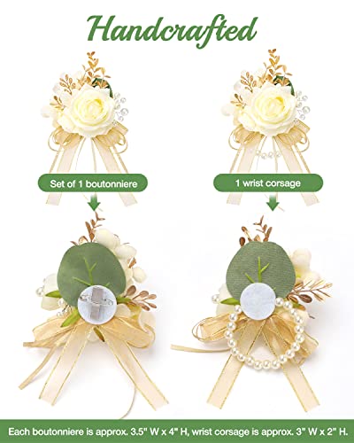 Rose Wrist Corsage and Boutonniere Set Artificial Corsage Wristlet Bracelet for Wedding Decorations Prom Ceremony Accessories (2pcs, Champagne)