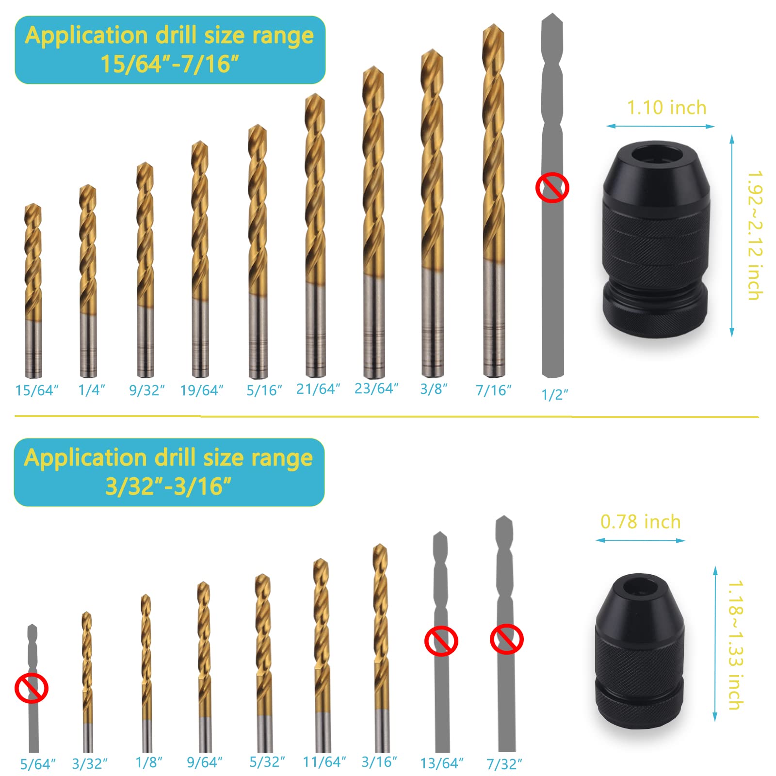 EAWONGEE Drill Depth Stop for Drill Bits, Aluminum Drill Bit Stop Collar Set for Woodworking Tools and Hand Tools, Adjustable Size Range 5/64"-3/16", 15/64"-7/16", 2 Pcs