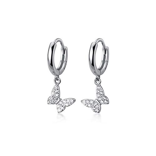 Dainty Butterfly Dangle Hoop Earrings 925 Sterling Silver for Women Girls Cute CZ Crystal Diamond Sparkly Charm Drop Cartilage Small Huggie Hoops 10mm Fashion Jewelry Christmas Gifts Hypoallergenic (Silver)