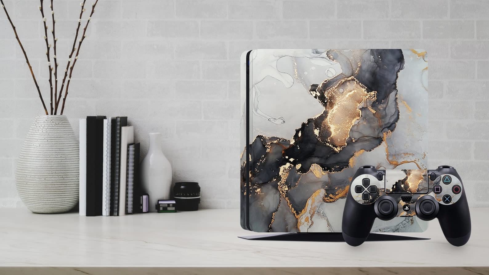 ZOOMHITSKINS Compatible with PS4 Slim Skin, Silver Grey Marble Gold Black Quartz, Durable & Fit, 3M Vinyl, Made in The USA