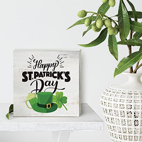 Happy St. Patrick’s Day Wood Box Sign Home Decor, Rustic Saint Patricks Day Wooden Box Sign Block Plaque for Wall Tabletop Desk Decoration