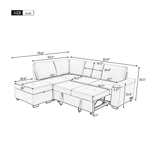 Merax L Shaped Sectional Sofa Couch Sleeper Bed with Storage Ottoman and Chaise for Small Apartment, Living Room Love Seats, Gray