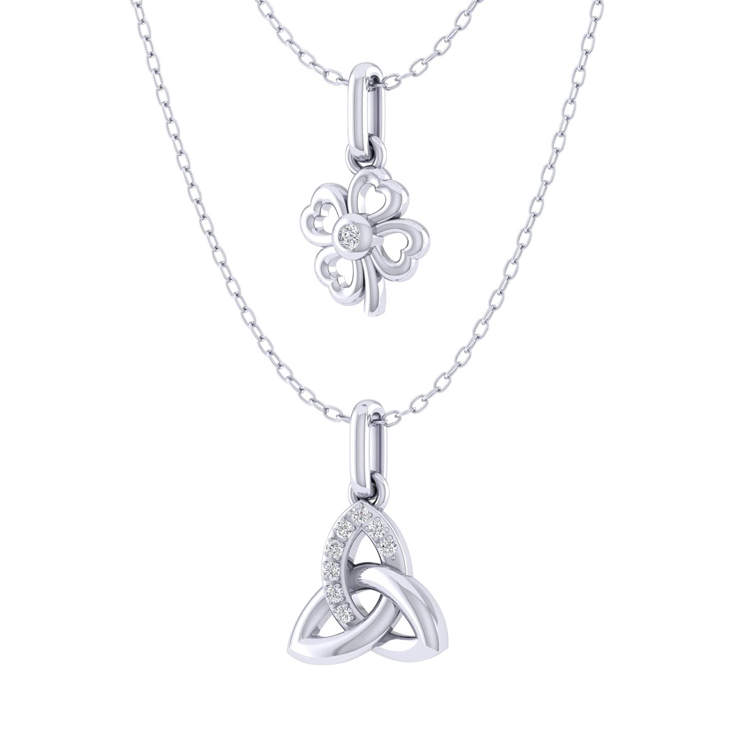 Dainty Four Leaf Clover and Celtic Trinity Knot Layered 1/20 Cttw Natural Diamond Pendant Necklace set in 925 Sterling Silver