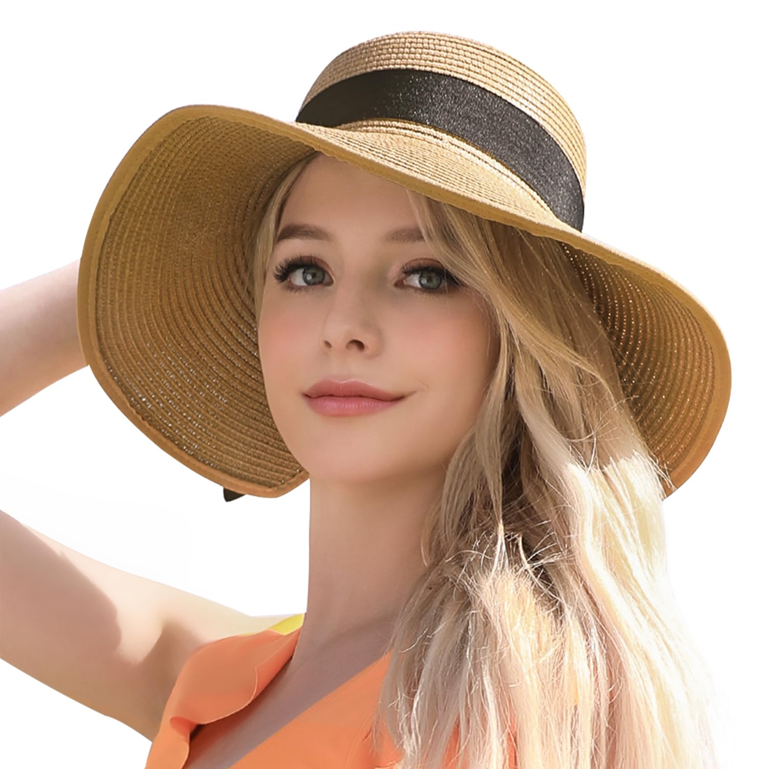 DOFOWORK Women's Sun Hat - Khaki UPF 50+, Packable, Wide Brim Straw Hat for Beach, Travel, Cruise, Honeymoon - Adjustable