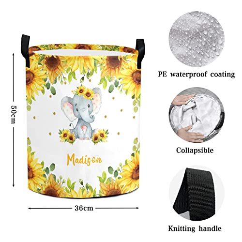 Cute Elephant Sunflower Personalized Laundry Hamper,Custom Name Collapsible Waterproof Laundry Basket Storage Bins with Handle for Clothes,Toy,Nursery