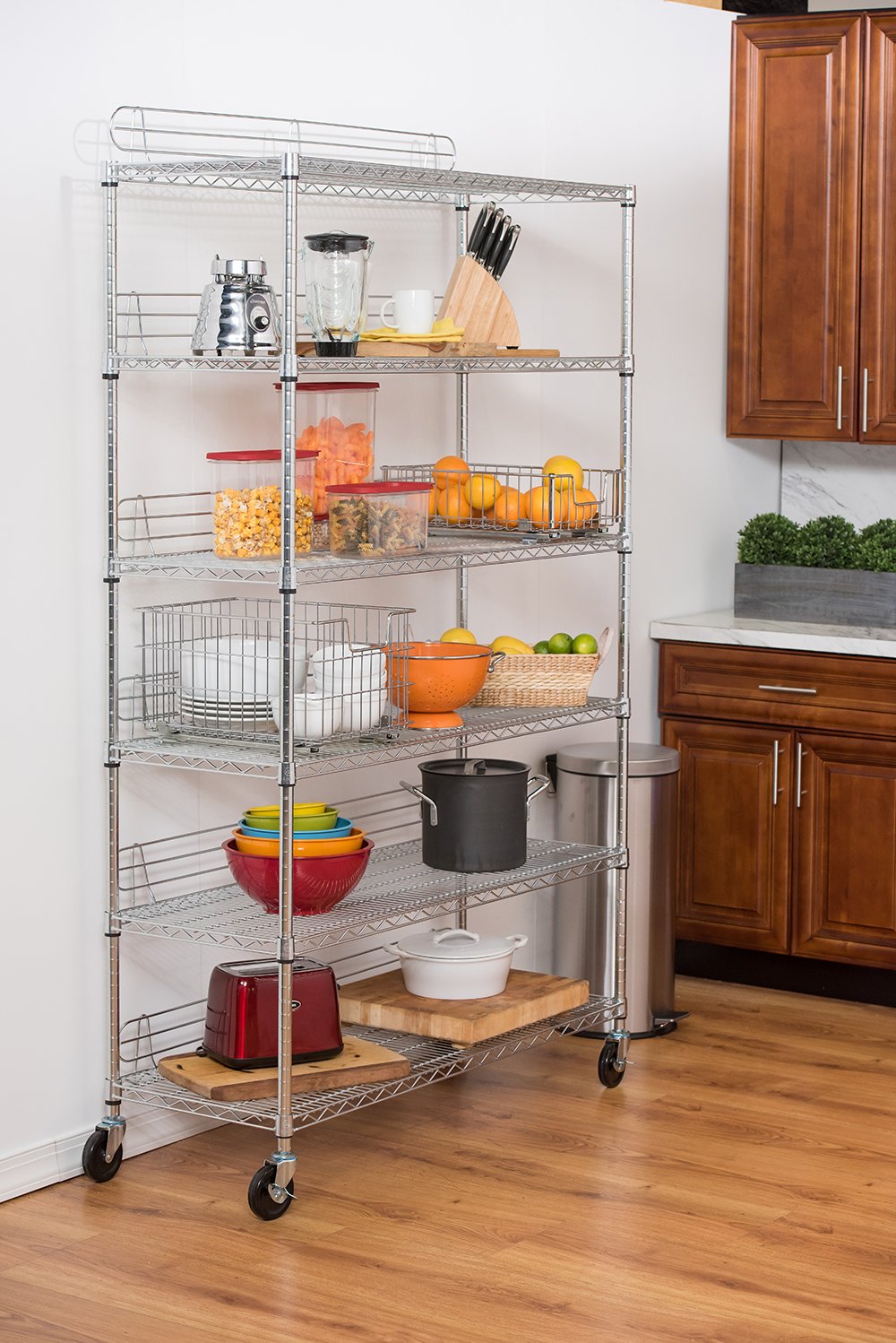 TRINITY EcoStorage Heavy Duty 6-Tier Adjustable Wire Shelving with Wheels and Backstands for Kitchen Organization, Garage Shelving, NSF Certified, 48β W x 18β D x 72-77β H, 800-4800 lb Capacity Chrome