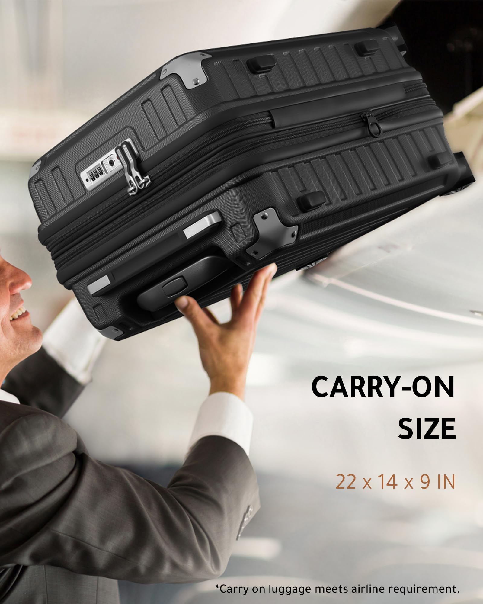 LUGGEX PC Carry On Luggage 22x14x9 Airline Approved - Expandable Hardside Luggage with Spinner Wheels - 4 Metal Corner Hassle-Free Travel (Black Suitcase)