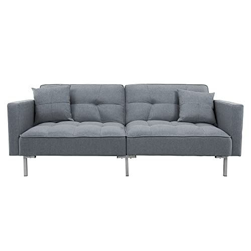 Merax Linen Upholstered Modern Convertible Folding Futon Sofa Bed with 2 Pillows and Metal Frame, for Compact Living Space, Apartment, Dorm, Dark Gray