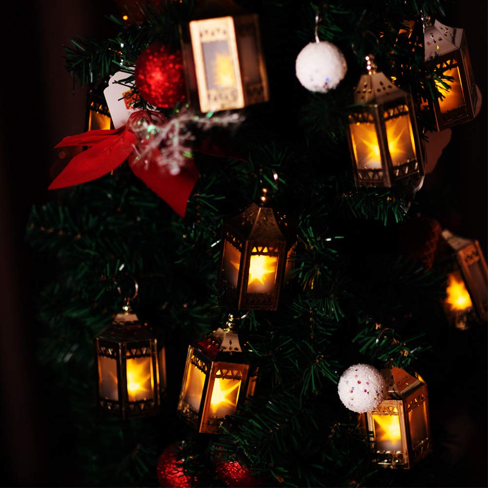 Mini Star Lantern with Flickering LED,Battery Included,Decorative Hanging Lantern,Christmas Decorative Lantern,Indoor Candle Lantern,Battery Lantern Indoor Use,Zkee(Set of 6 Copper Brushed)