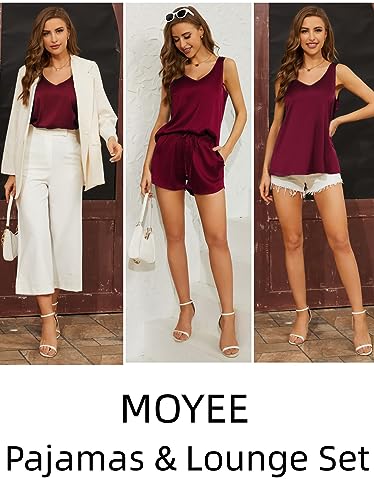 MOYEE Women Silk Pajama Set Soft Satin V Neck Tank Top and Shorts 2 Piece lounge Sets with Pockets(Wine Red, Large)