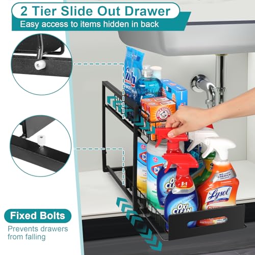 COYETH Under Sink Organizer, Height Adjustable Metal 2-Tier Pull Out Cabinet Organizer Under Kitchen Sink Organizer, L Shaped Slide Out Sink Shelf, Under Cabinet Storage for Kitchen Bathroom