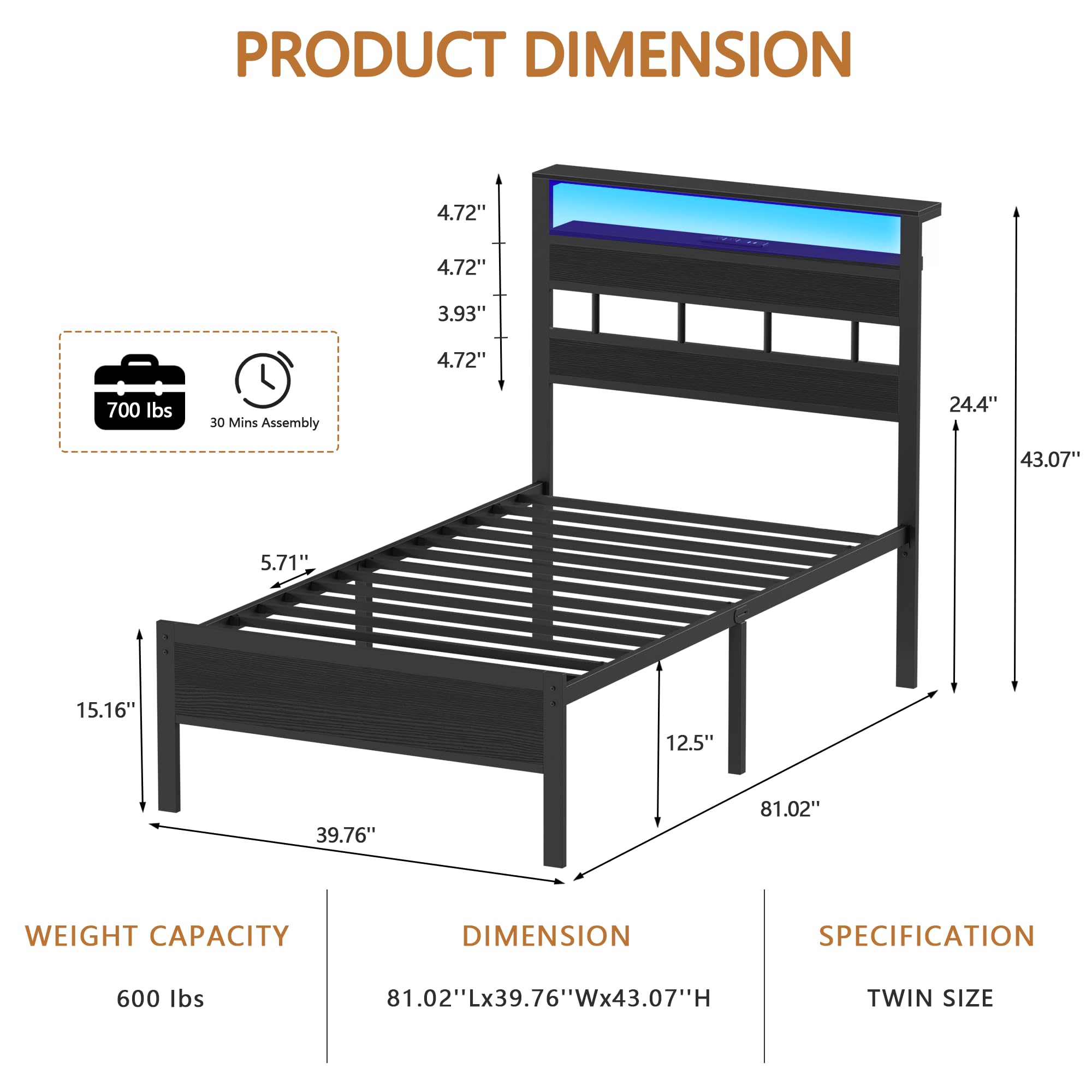 Furnulem Twin Size Bed Frame with Charging Station and LED Lights, Platform Bed with Metal Slats, Grey Upholstered Headboard with 2-Tier Storage Shelves, No Box Spring Needed