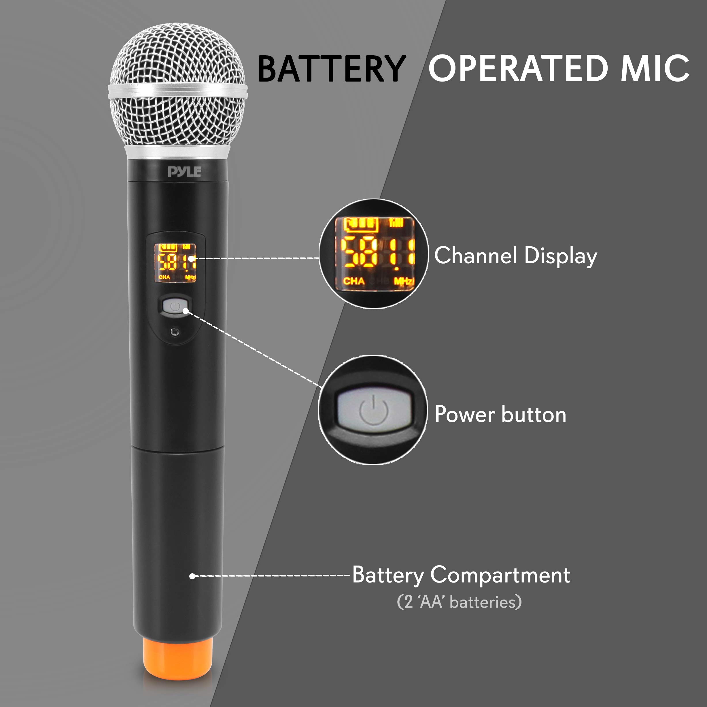 PYLE Compact UHF Wireless Microphone System - Pro Portable Single Channel Desktop Digital Mic Receiver Set w/ 1 Handheld Mic, Receiver Base, USB Cable, Battery, for Home, PA, Karaoke, DJ PDWM1950