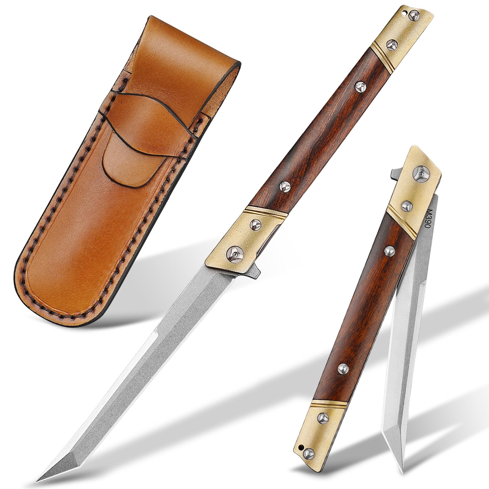 EDC lightweight Folding Pocket Knife,M390 steel gentleman's knife,3.9”Stone washing effect blades,With handmade quality knife sheath,Desert Ironwood Handle,Camping Outdoor Daily Carry folding knife