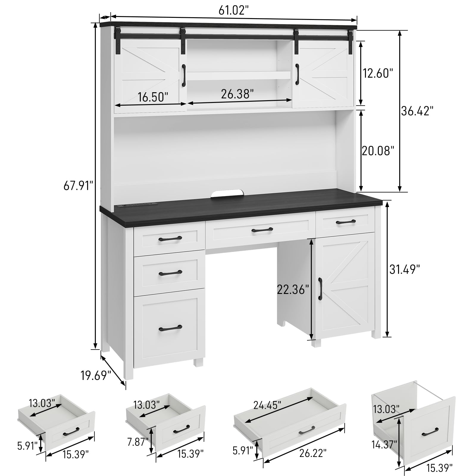 Farmhouse 61" Executive Desk with Hutch,Office Desk with 5 Drawers, Computer Desk with Storage Cabinet & File Drawers and Charging Station, Wood Workstation for Home Office and Study