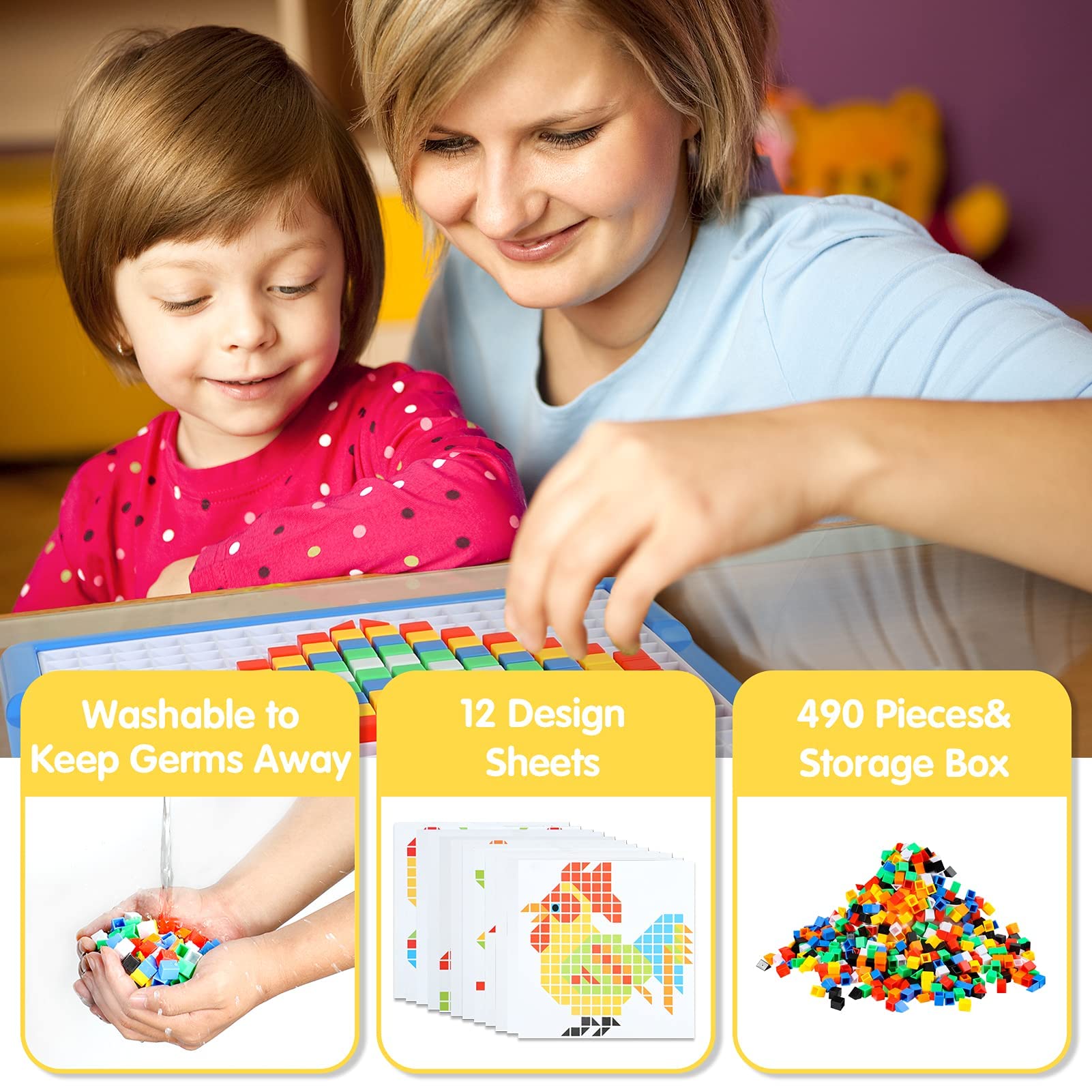 ZOZOPLAY Kids Toys Mosaic Puzzle,490Pcs Building Blocks,Educational Toys with 6 Assembly Drawing,STEM Toys for 4+ Year Old(Small Cube)