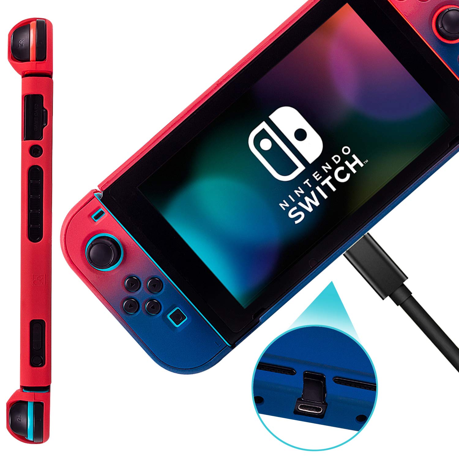 Cybcamo Protective Case Cover for Nintendo Switch, Hard Shell Case Handheld Grip for Nintendo Switch Console and Joy-Con Controllers with 2 Thumbsticks (Red & Blue)