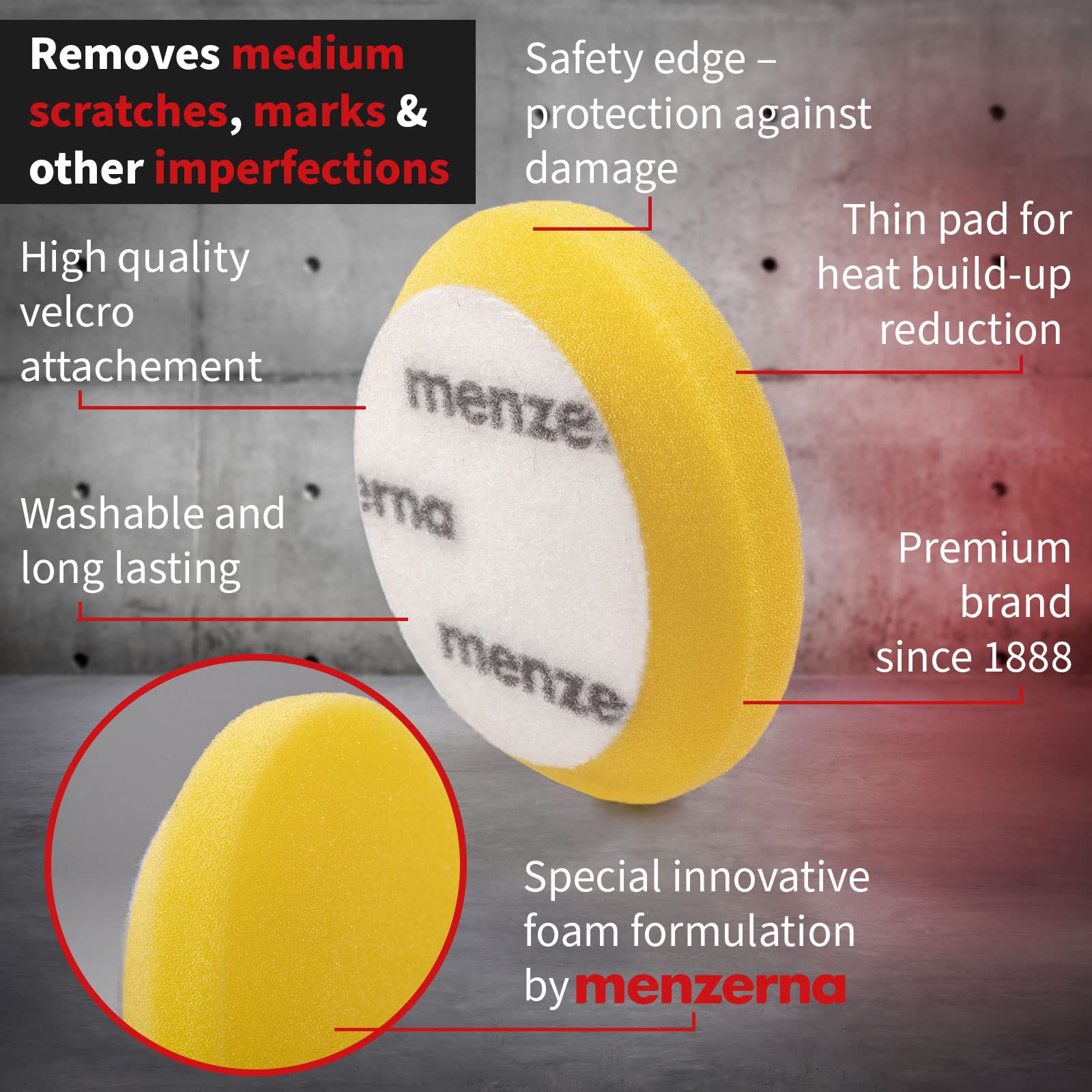 menzerna 3.5 Inch 2X Premium Polishing Pads Medium Cut for Medium Fine Polishing I Body Repair & Detailing Pads with Safety Edge & Velcro Attachment I Washable & Long Lasting