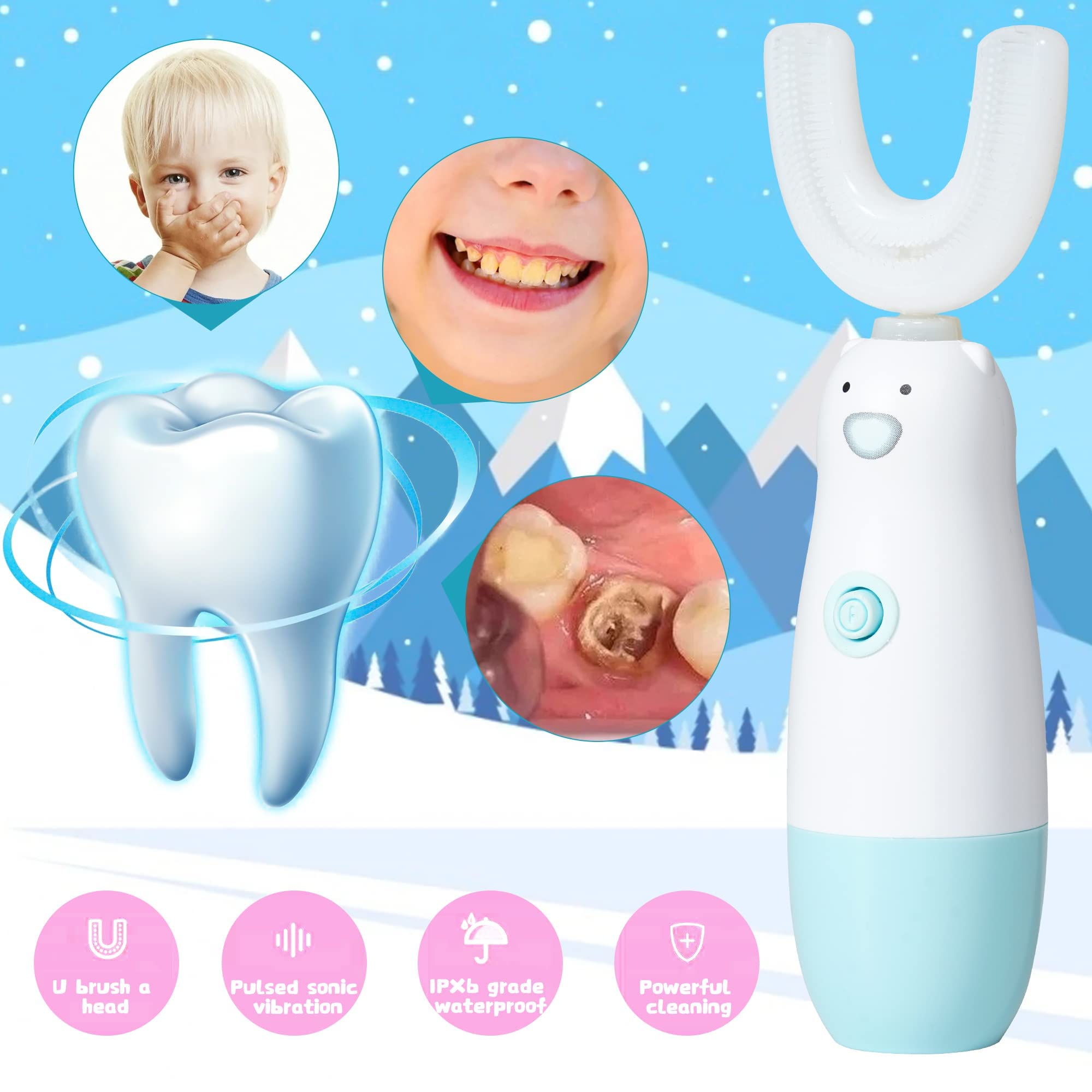 Meqtpomy Kids Electric Toothbrush,6 Cleaning Models U Shaped Toothbrush Waterproof Battery Powered 360 Automatic Sonic Toddler Toothbrushes for 8-13 Years Old for Boys Girls(Blue)