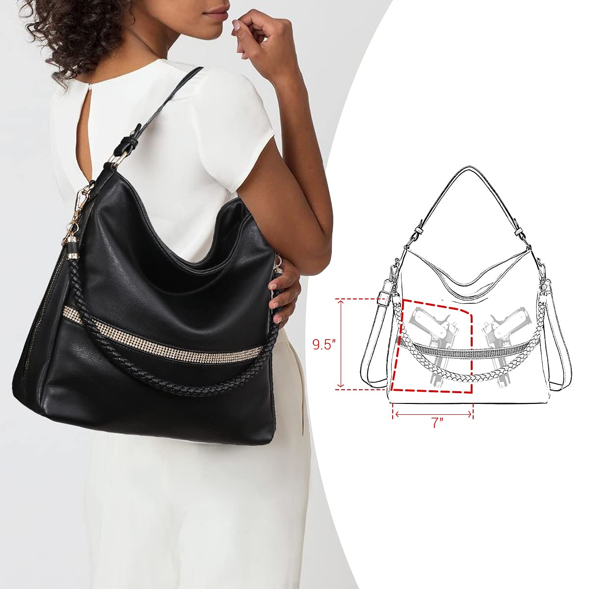 Dasein Hobo Handbags for Women Purses Vegan Leather Shoulder Bags Bucket Purse Large Tote Set with Long Strap (black)