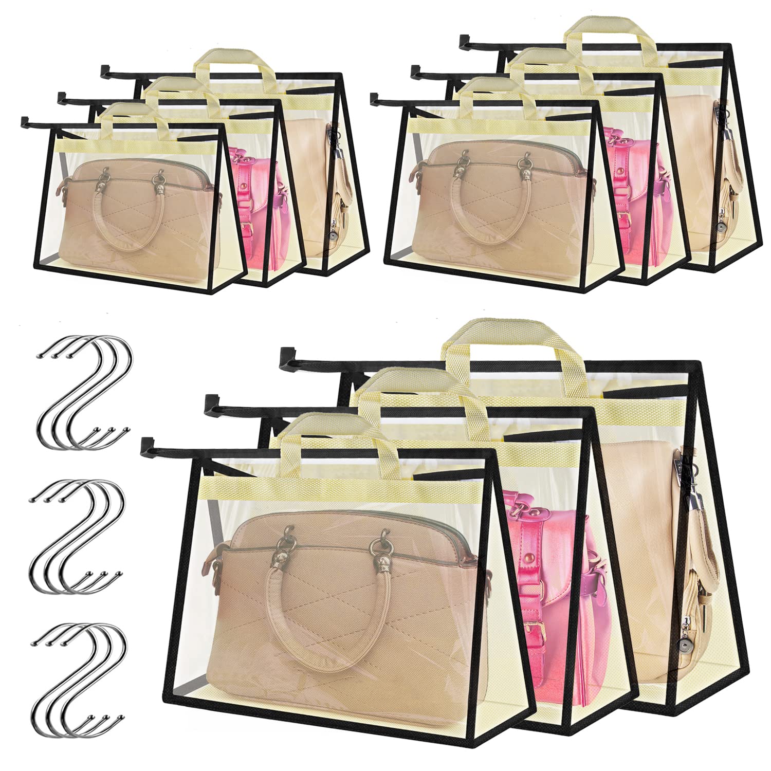BZCTAH 9 Packs Purse Organizer for Closet Purse Storage Organizer Clear Handbag Storage Organizer Dust Bags for Handbags with with Zipper, Handles, 9 S-Shaped Hooks