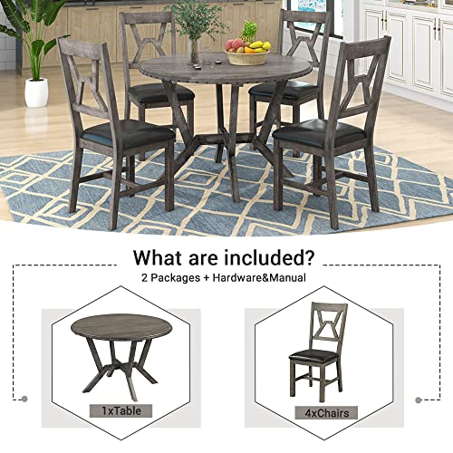 Harper & Bright Designs Mid-Century 5-Piece Dining Table Set, Wooden Round Dining Table with Cross Legs and 4 Upholstered Chairs, Dining Room Kitchen Table Chairs Set, Gray