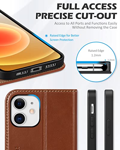 SHIELDON Wallet Case for iPhone 12 5G, Genuine Leather Folio Case Magnetic Shock Absorbing Case RFID Blocking Credit Card Holder Kickstand Compatible with iPhone 12/12 Pro 6.1" - Retro Brown