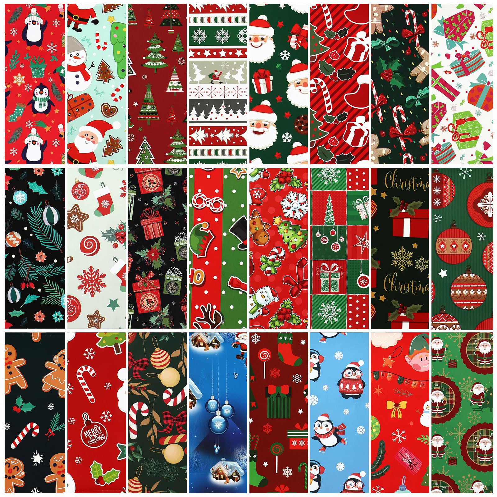 Cholemy 72 Sheets Christmas Gift Wrapping Papers 20" x 29" Holiday Santa Candy Canes Tree Snowflakes 24 Designs Gift Wrapper Folded Xmas Wrapping Sheets for Holiday, Party, Celebration, Folded Flat