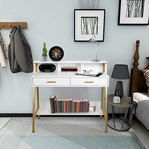 COZUHAUSE White and Gold Modern Computer Desk Simple 39 inch Home Office Desk Writing Desk with R Shaped Metal Legs,2 Storage Drawers Makeup Vanity Study Console Table