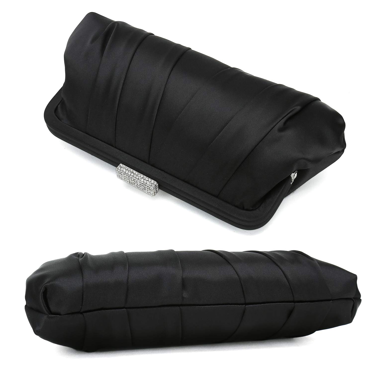 CHARMING TAILOR Classic Pleated Satin Clutch Bag Diamante Embellished Formal Handbag for Wedding/Prom/Black-Tie Events (Black)