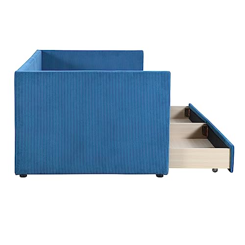Merax Twin Size Corduroy Daybed with Two Drawers and Wood Slat,Sofa Bed Frame for Bedroom,Boys,Blue
