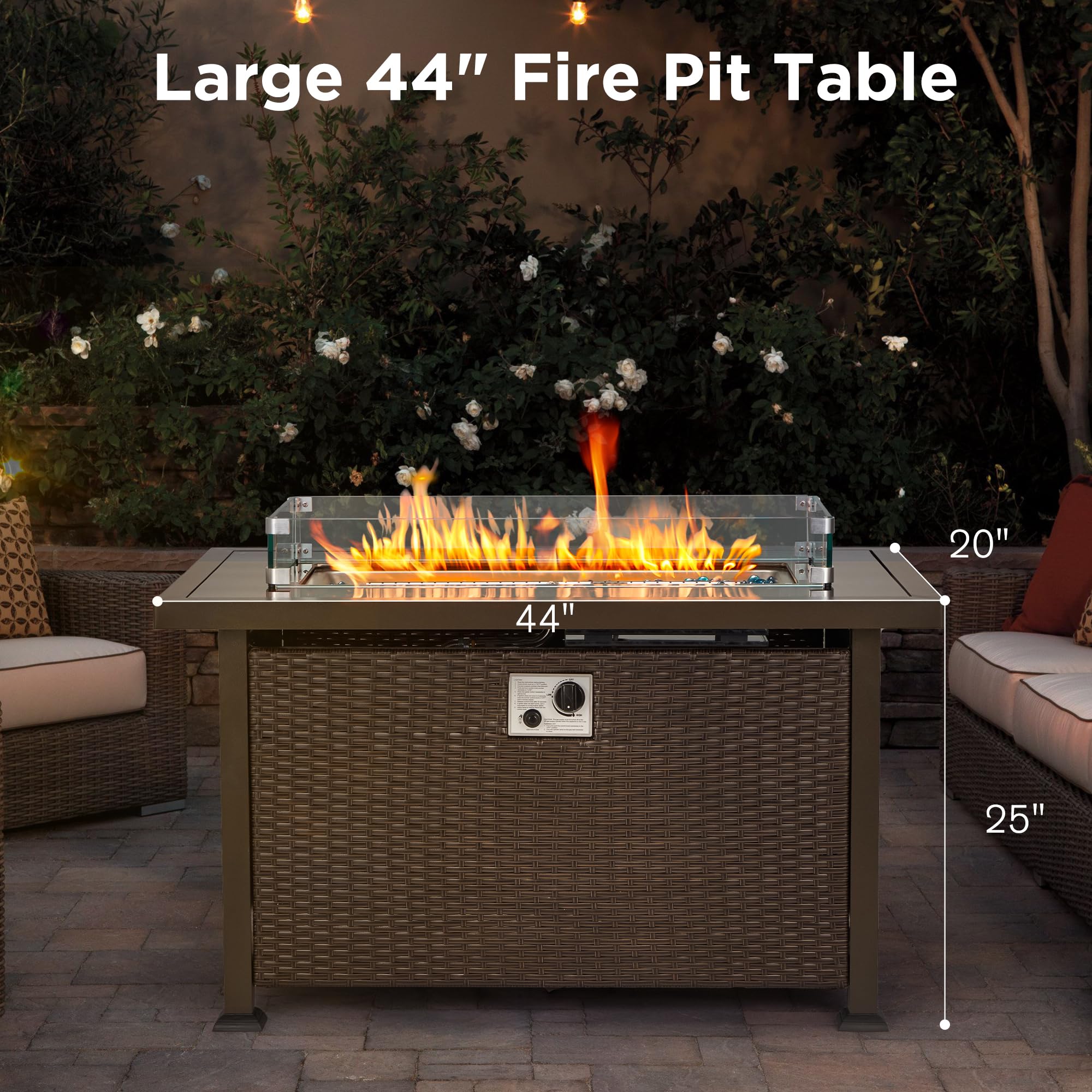 GYUTEI 7 Piece Patio Furniture Set w/ 44" Propane Fire Pit Table, Outdoor Sectional Conversation Rattan Sofa Set with Recliner, Storage Coffee Table for Garden, Porch, Backyard(Blue)