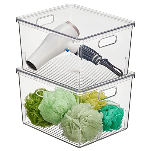 mDesign Large Plastic Stackable Bathroom Cabinet Storage Bin Box with Handles/Lid, Drawer Stacking Organizer for Soap, Lotion, Towels, and Accessories, Ligne Collection, 2 Pack, Clear