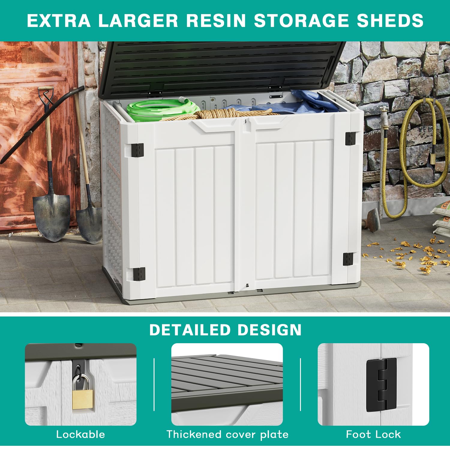 Greesum Outdoor Horizontal Resin Storage Sheds 34 Cu. Ft. Weather Resistant Resin Tool Shed, Extra Large Capacity Weather Resistant Box for Bike, Garbage Cans, Lawnmowe, Without Divider, Grey