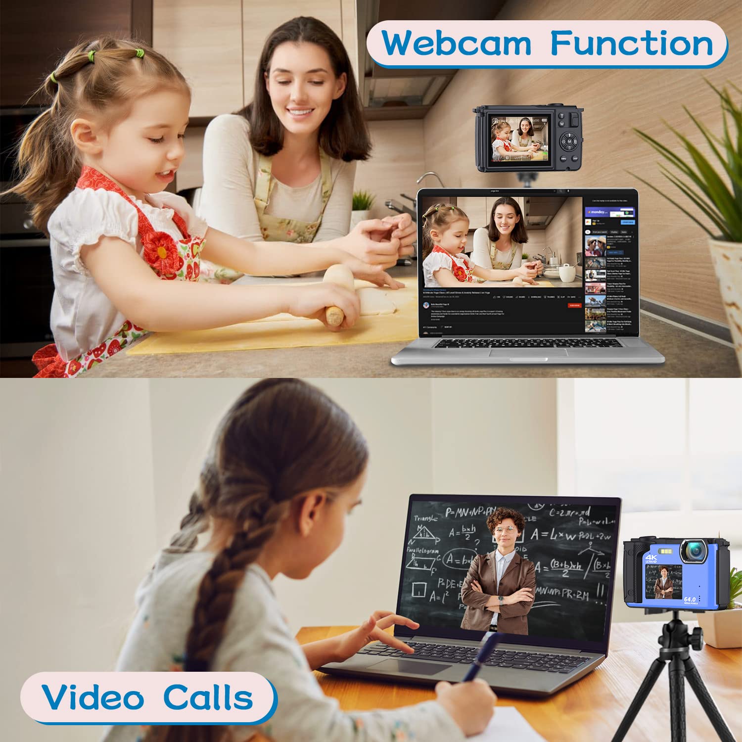 Digital Camera with WiFi 4K 64MP Vlogging Camera for Photography with Dual Screens Point and Shoot Camera with 32GB SD Card, 16X Zoom Compact Camera for Beginners-Blue3