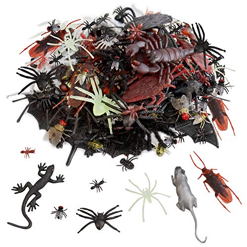 Kalolary 150 Pieces Black Plastic Spiders Bugs Halloween Prank Toys, Realistic Fake Insect Rats Bats Roaches Geckoes Centipedes Flies, for Kids Halloween Party Decorations Favors