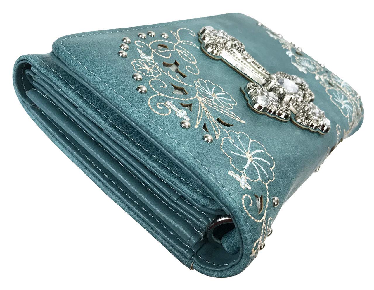 Zzfab Rhinestone Cross Embroidered Floral Western Cross Wallet Turquoise