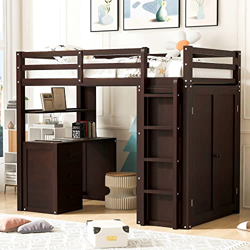 Harper & Bright Designs Twin Size Loft Bed with Desk and Wardrobe, Wood Loft Bed Frame with Storage Drawers and Full-Length Guardrails, High Loft Bed for Kids Teens Boys and Girls (Espresso)
