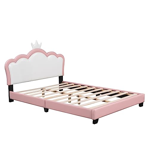 GYYBED Full Size Upholstered Princess Bed with Crown Headboard,Full Bed Frames for Girls Full Bed Frame Girl Full Size Bed Frames for Girls Full Bed Frames for Kids (White+Pink, Full)