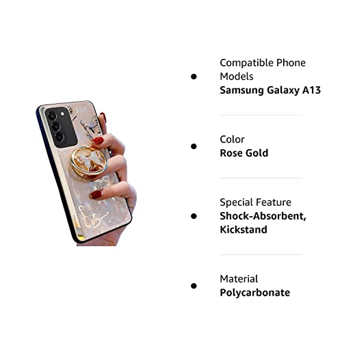 Topwin Galaxy A13 5G Kickstand Case, Cute Marble Conch Shell Floral Butterfly with Ring Stand Mirror Elegant Shockproof Protective Cover for Girls Women for Samsung A13 5G (Rose Gold)